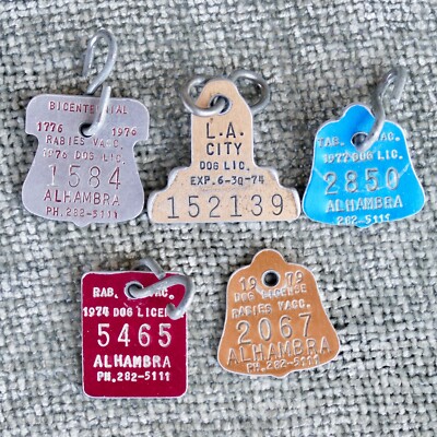 Lot of 5 Vintage Dog license tags 1970s California Los Angeles county ...