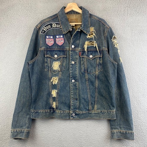 Men's KEEGON Distressed Jean Jacket Blue Denim w/ Patch Patches | eBay