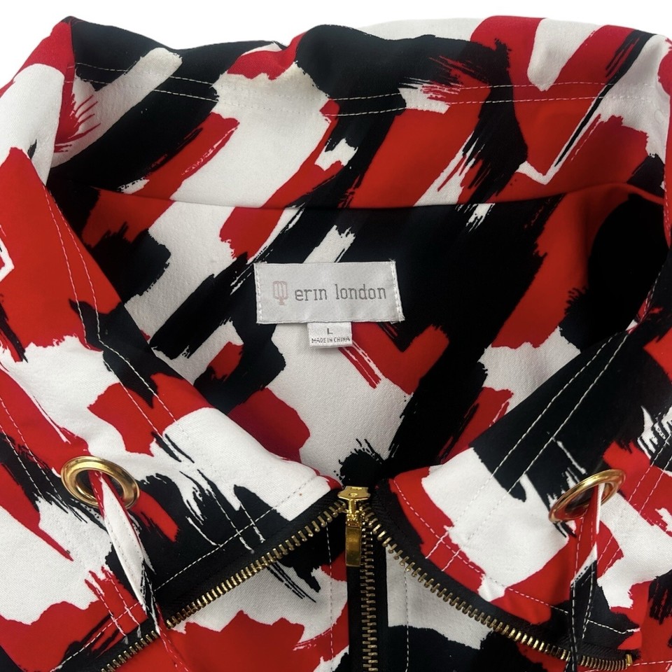 Erin London Womens Jacket Red Black White Wide Collar Zippered Full ...