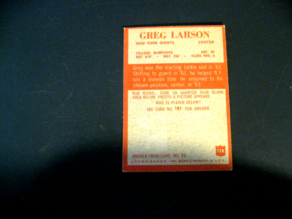 1965 PHILADELPHIA FOOTBALL CARD #118 GREG LARSON EX | eBay