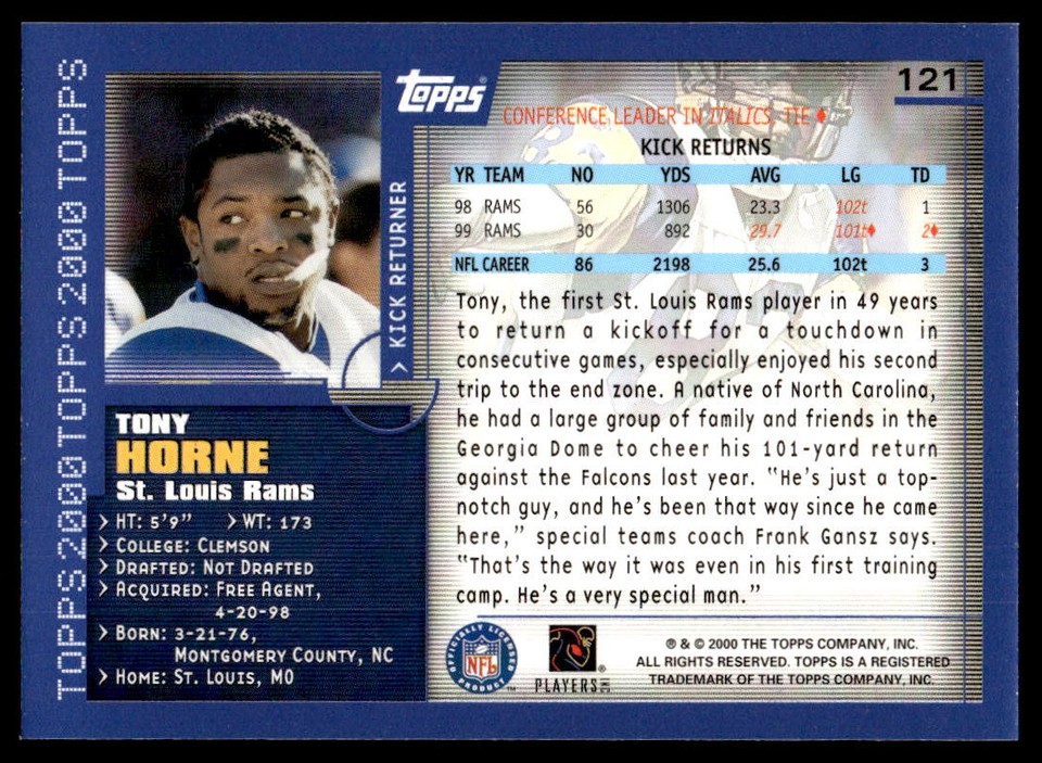 2000 Topps NO NAME ON FRONT 121 Tony Horne Rams Football Card | eBay