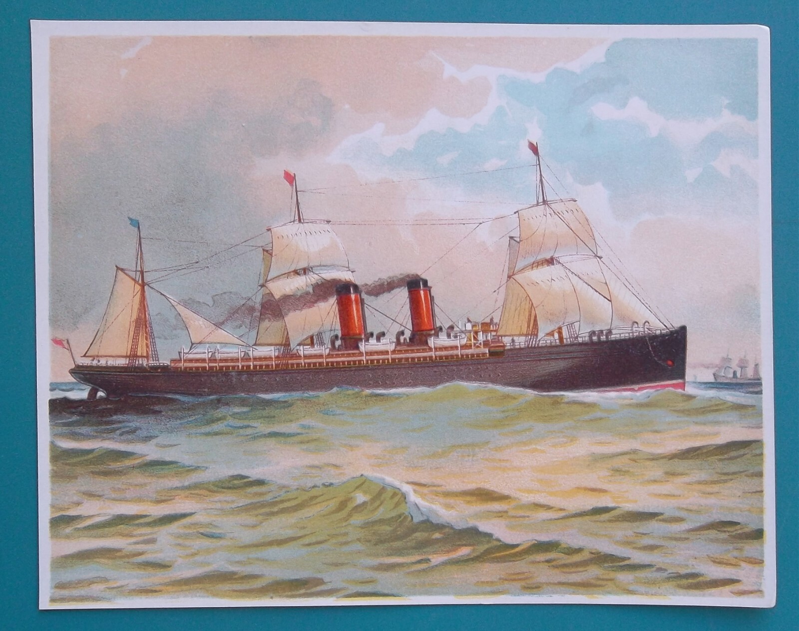 OCEAN STEAMER 2-Stacks Steamship Sailship Navy Marine - 1895 COLOR ...