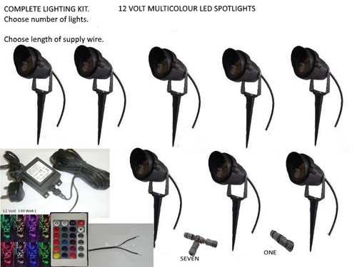 12v volt led multicolour garden spot light complete kit + transformer ...
