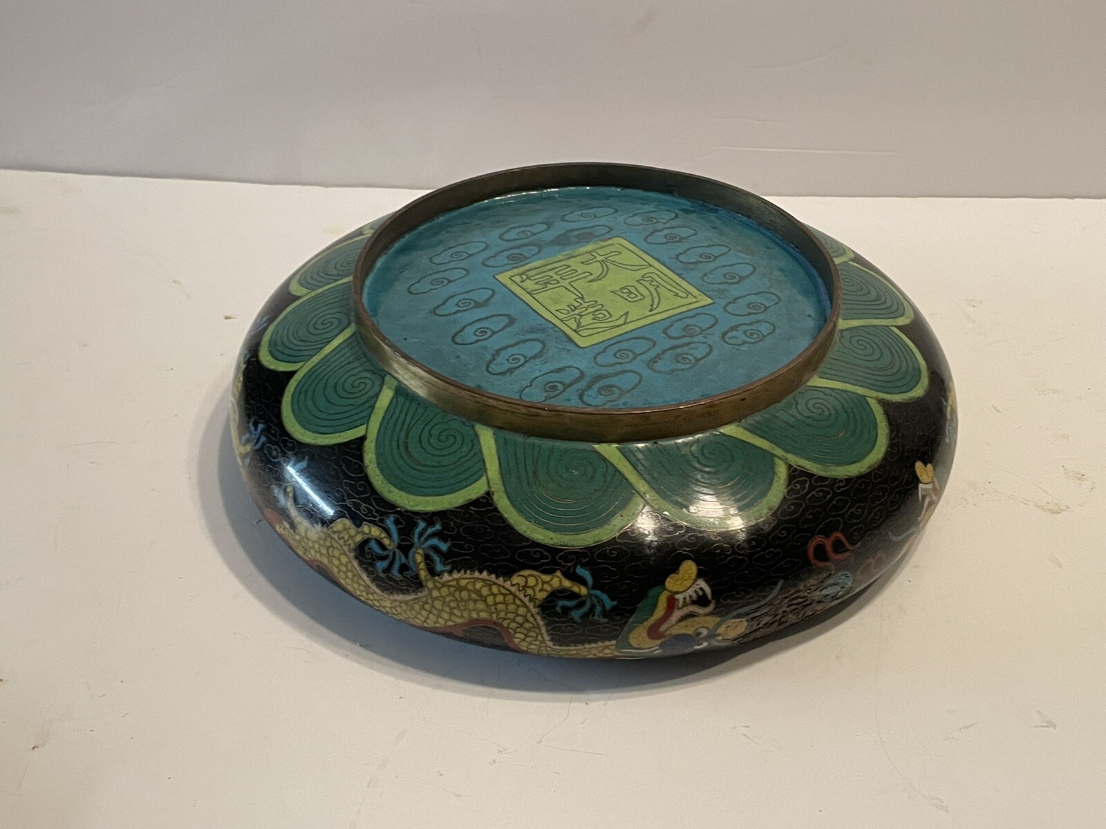 SALE CHINESE DRAGONS & FLAMING PEARL CLOISONNE ENAMEL BRONZE BOWL EARLY ...