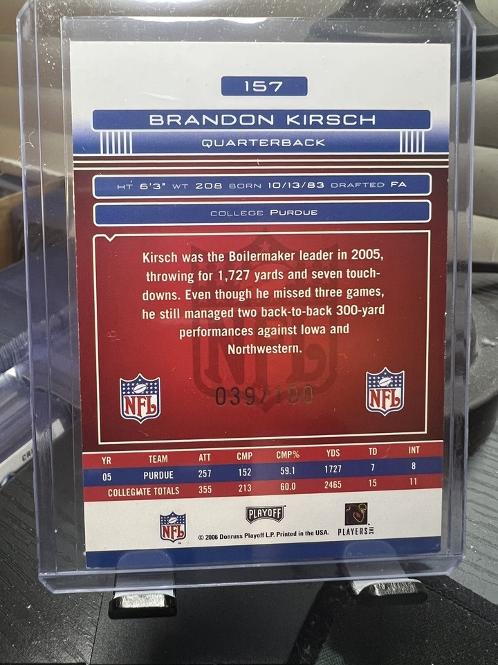 2006 ABSOLUTE BRANDON KIRSCH /100 ROOKIE CARD RC SPECTRUM PARALLEL,FREE ...