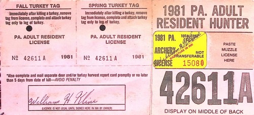 1981 Pennsylvania Adult Resident Hunting License & Turkey Tags ...