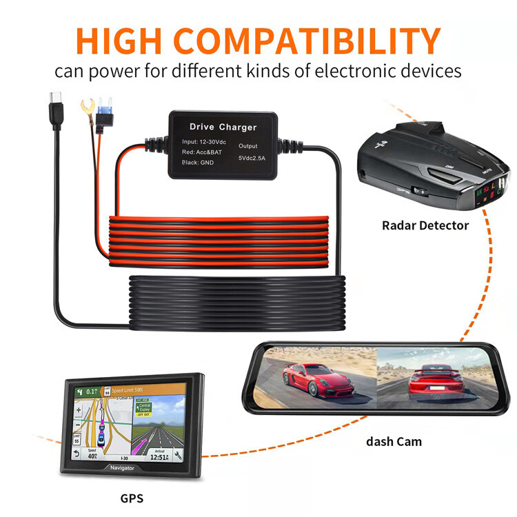 5V/2.5A Hard Wire Kit Mini-USB Car Camera for Dash Cam 24H Parking ...