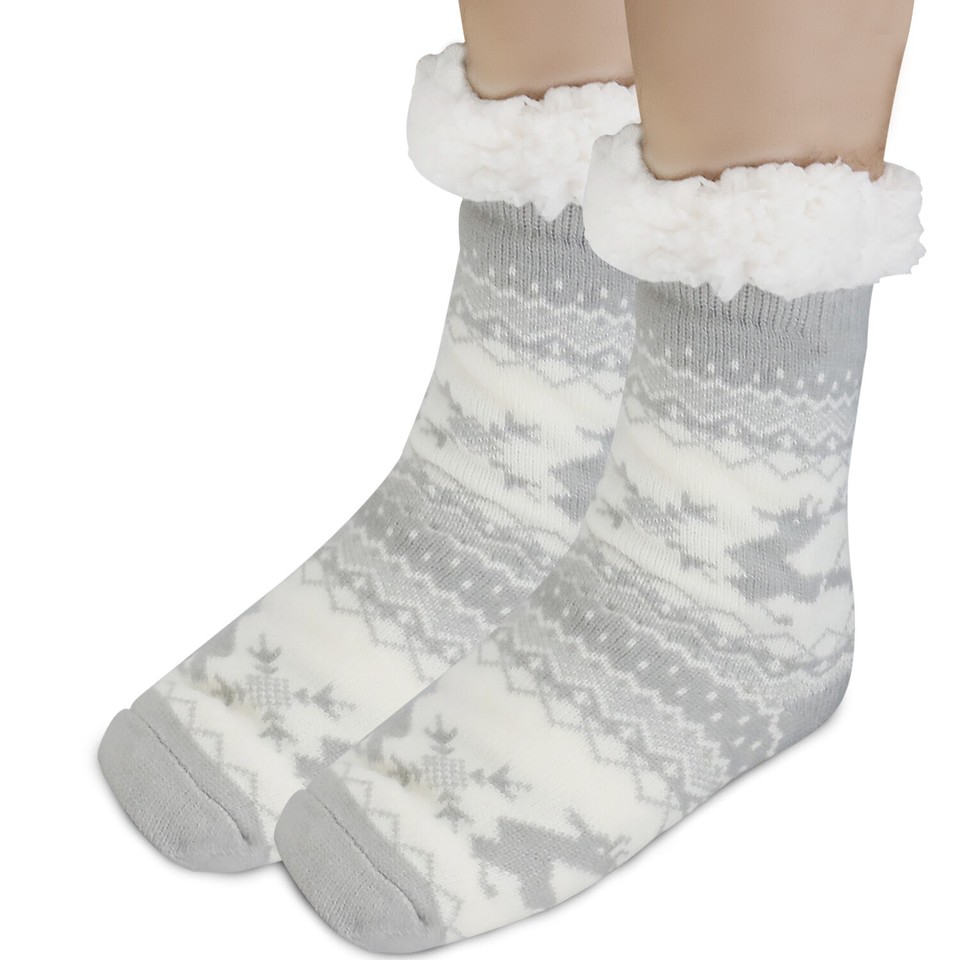 Womens Thick Knit Sherpa Fleece Lined Thermal Fuzzy Slipper Socks with ...
