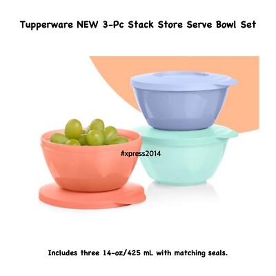 Tupperware NEW 3-Pc Stack N Store Serve Bowl Set 14-0z Airtight Seals ...