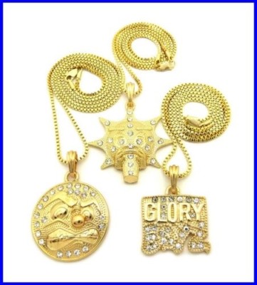 Set Of 3 Gold Glo Gang Glory Glow Pendant Rap Style Necklace Box Chain ...