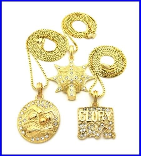 Set Of 3 Gold Glo Gang Glory Glow Pendant Rap Style Necklace Box Chain ...