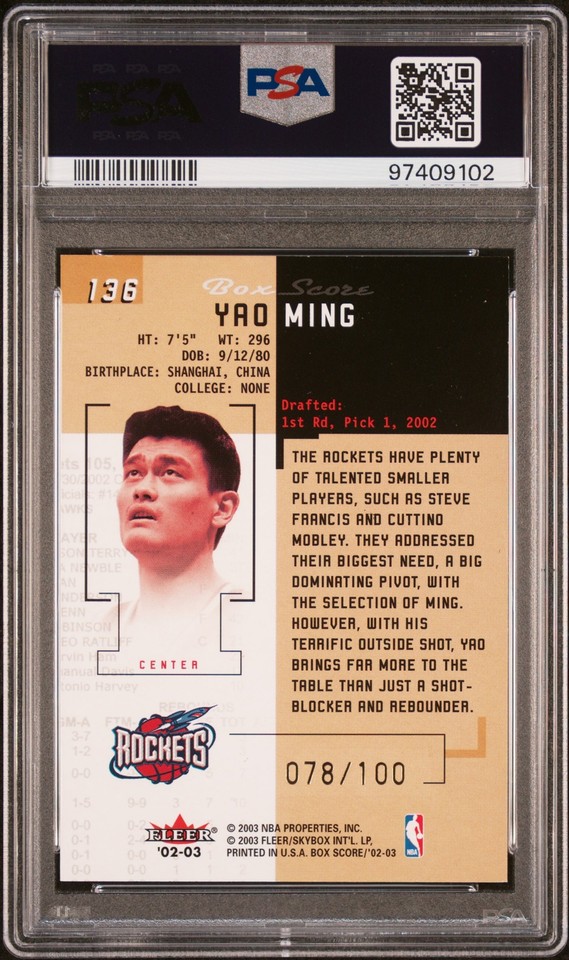 2002 FLEER BOX SCORE FIRST ED #136 YAO MING ROOKIE RC 78/100 PSA 8 | eBay