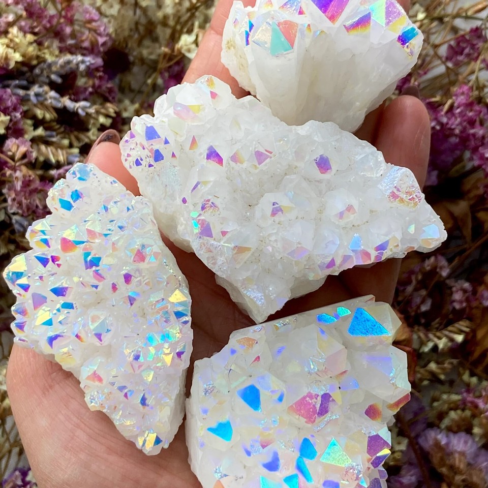 Natural Raw Rainbow Angel Aura Cluster Titanium Geode Quartz Crystal ...