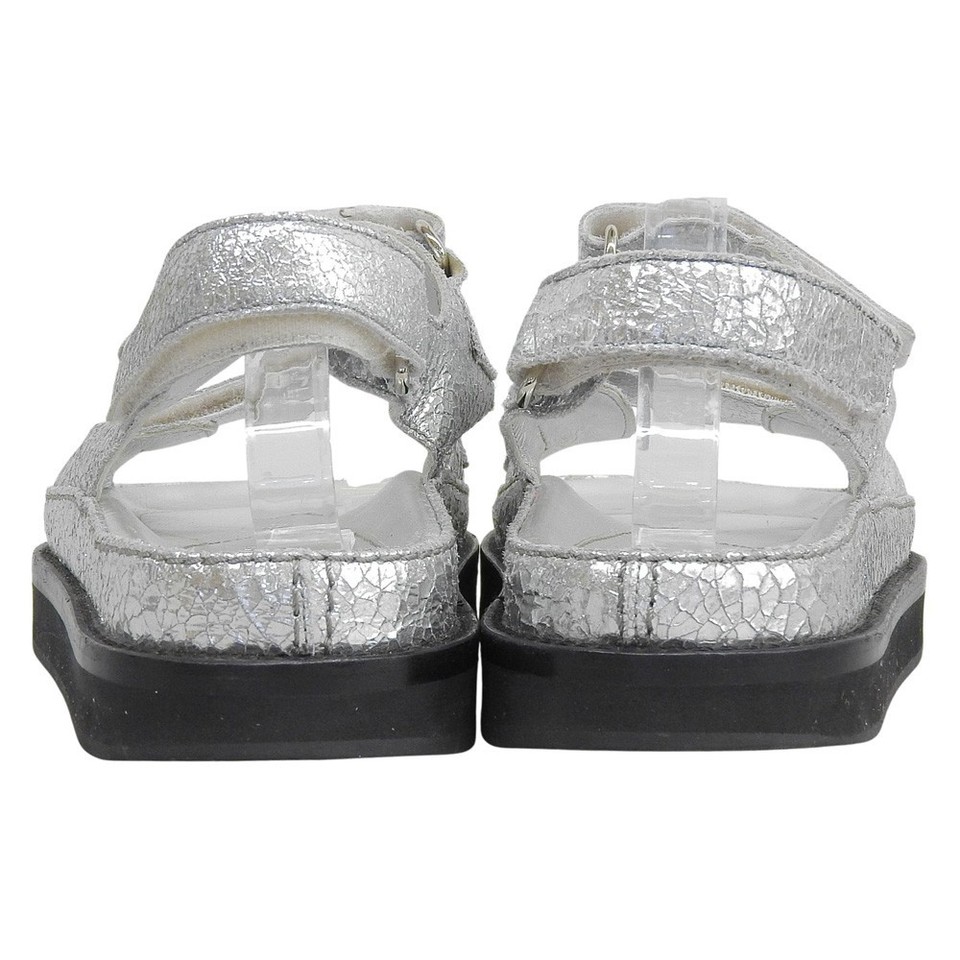 CHANEL CC Logos Crackle Strap Sandals, Women's, Silver, Size 37 pumps ...
