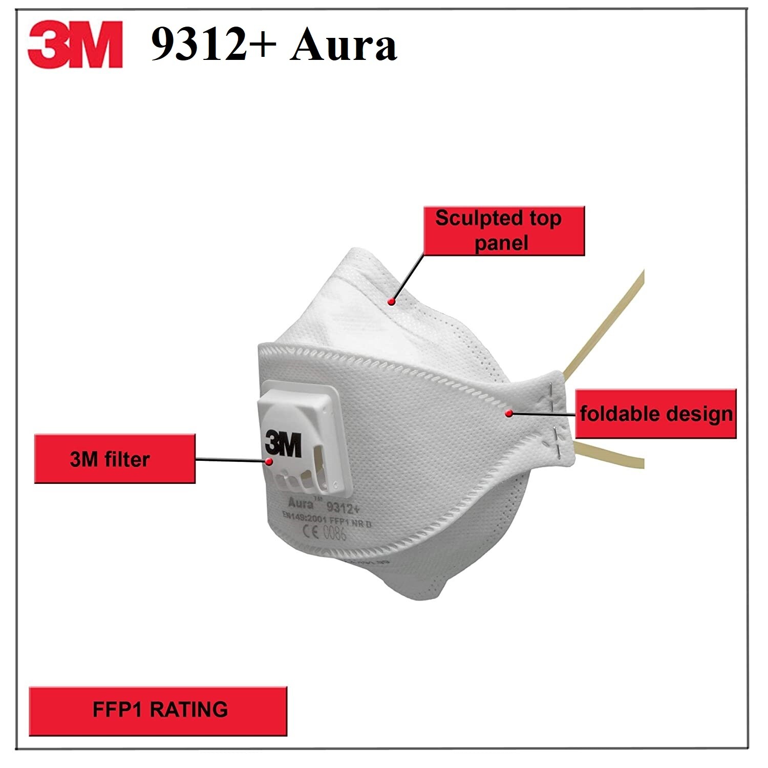 1 x 3M Aura 9312+ FFP1 Mask Foldable Particulate Valved Dust Mist ...