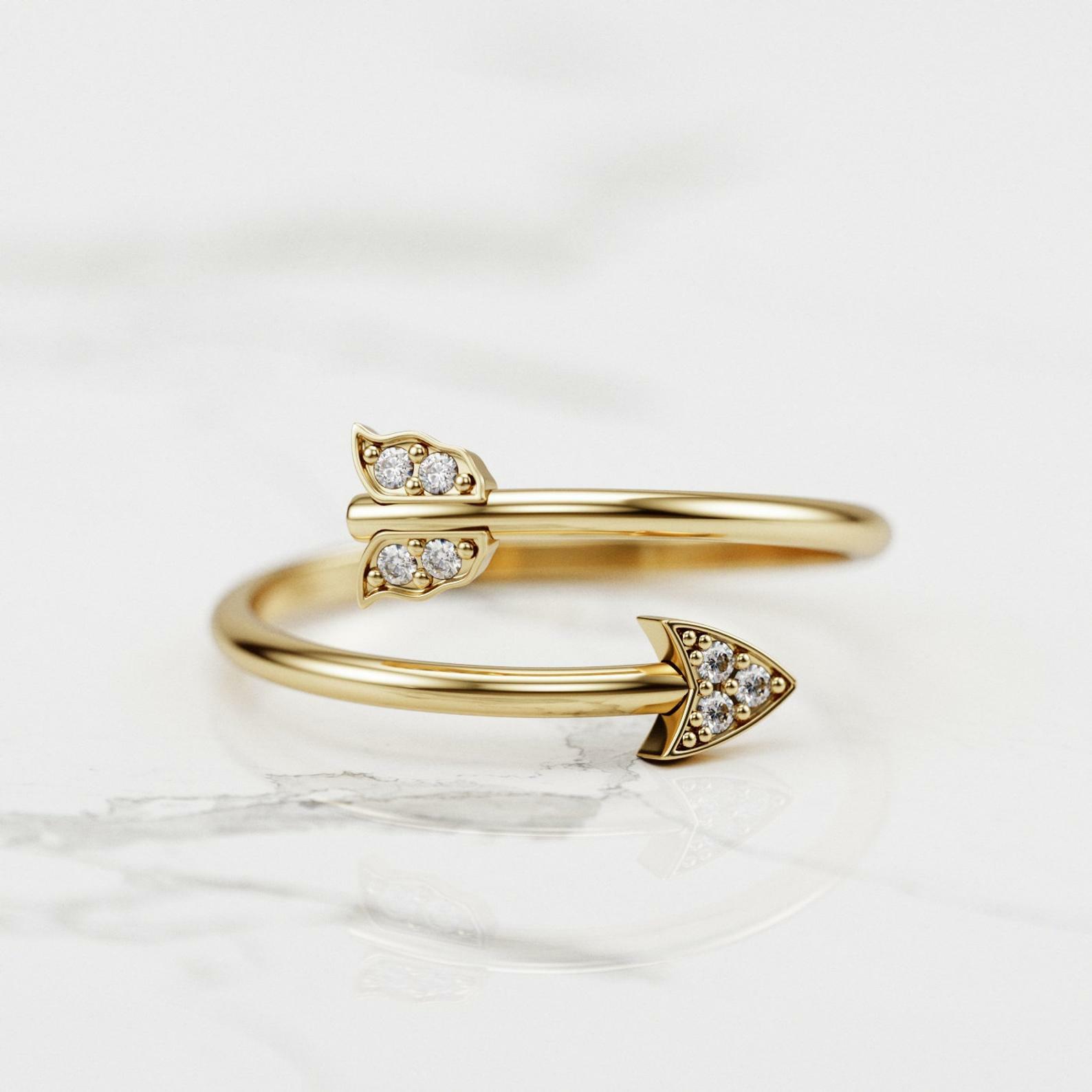 Open Bypass Spiral Arrow Ring 0.5ct Round Cut Moissanite 14k Yellow ...