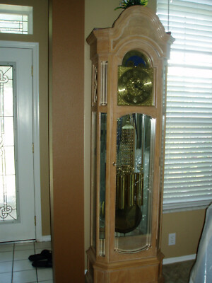 RIDGEWAY GRANDFATHER CLOCK- PENDULUM CHIME-RARE BLONDE OAK WOOD,BEVELED ...