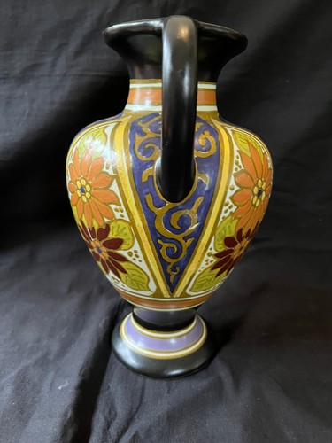 antique dutch Gouda pottery vase. Approx 1920. Several marks. decor ...
