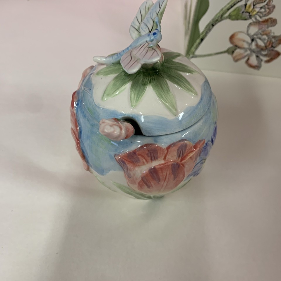 VINTAGE FITZ & FLOYD EDIE ROSE "HYDRANGEA TEAPOT" BUTTERFLY ON LID ...