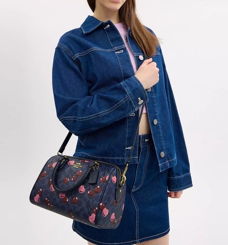 🍒COACH CY692 Rowan Satchel Bag Signature Canvas With Cherry Print Denim ...