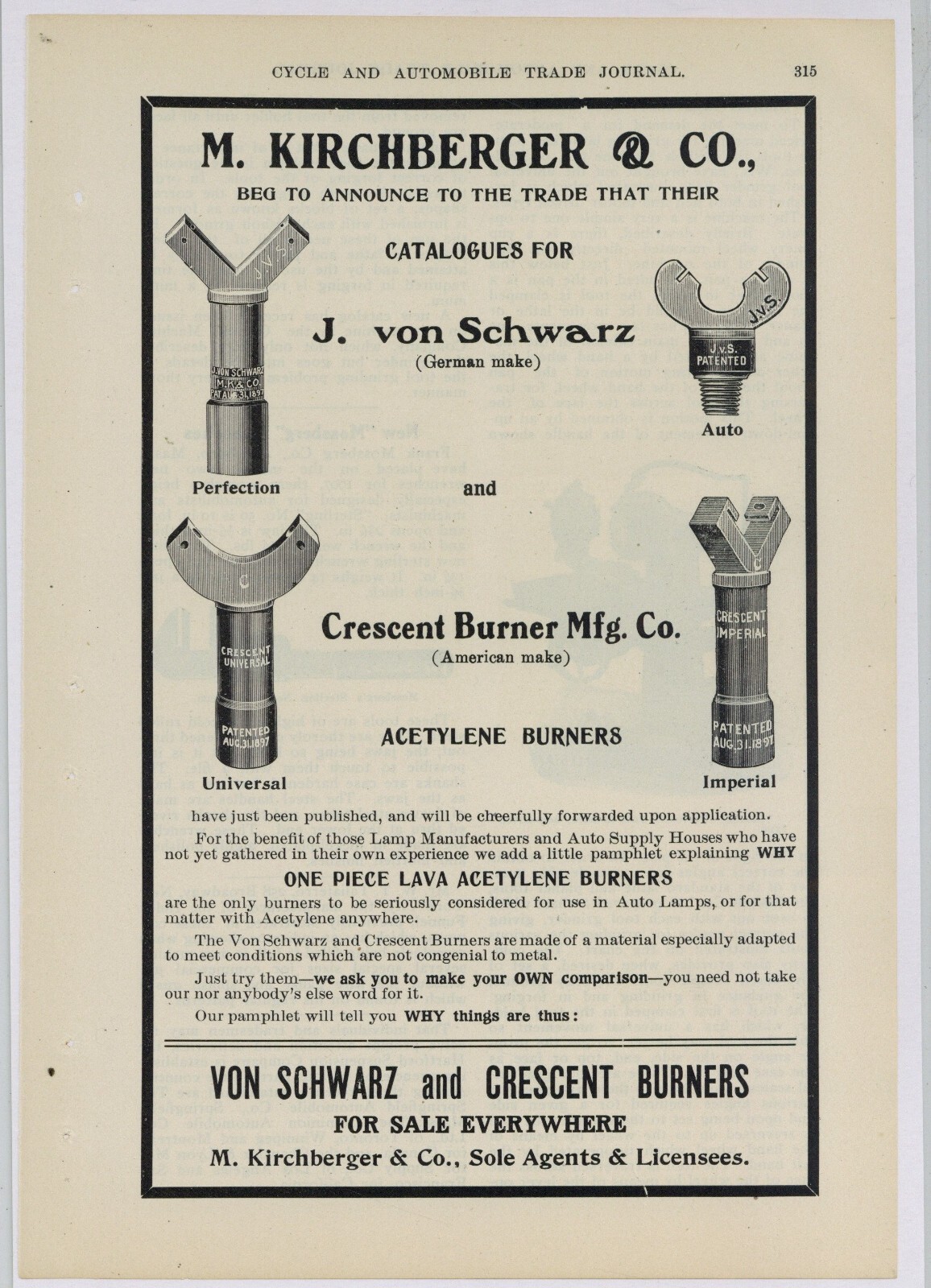 1907 M. Kirchberger & Co. Ad: von Schwarz & Crescent Acetylene Burners ...