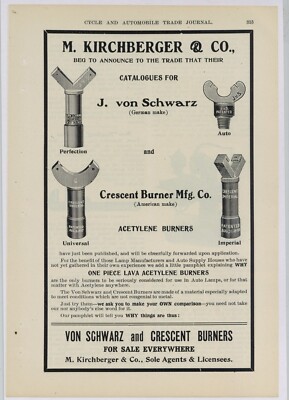 1907 M. Kirchberger & Co. Ad: von Schwarz & Crescent Acetylene Burners ...