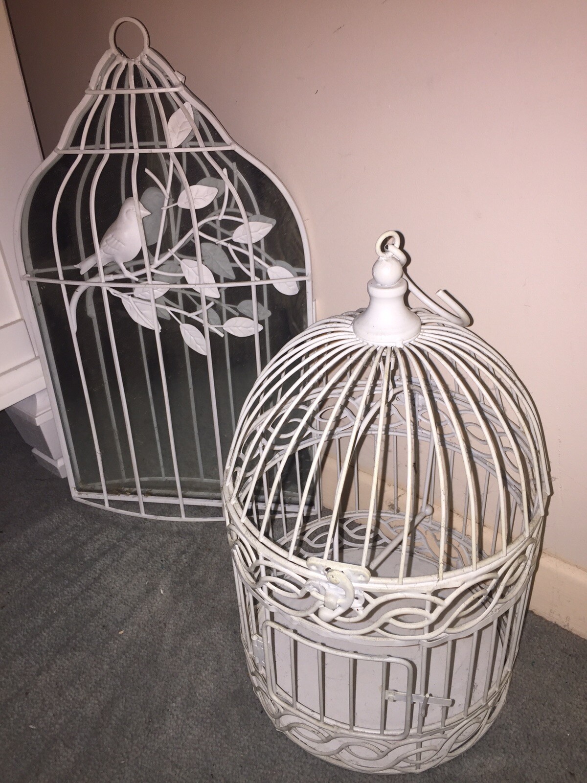 2 Piece Set of White Metal Hanging Bird Cage & Mirror Décor Garden ...