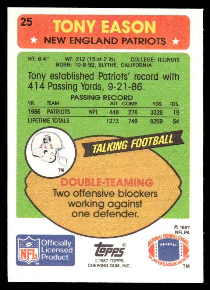 1987 TOPPS AMERICAN/UK TONY EASON D NEW ENGLAND PATRIOTS #25 | eBay