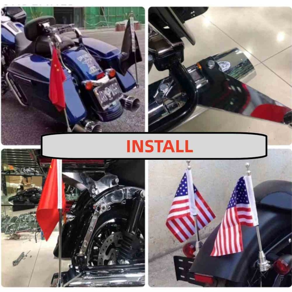 Chrome Universal Motorcycl Exhaust Pipe Mount American USA Flag pole ...