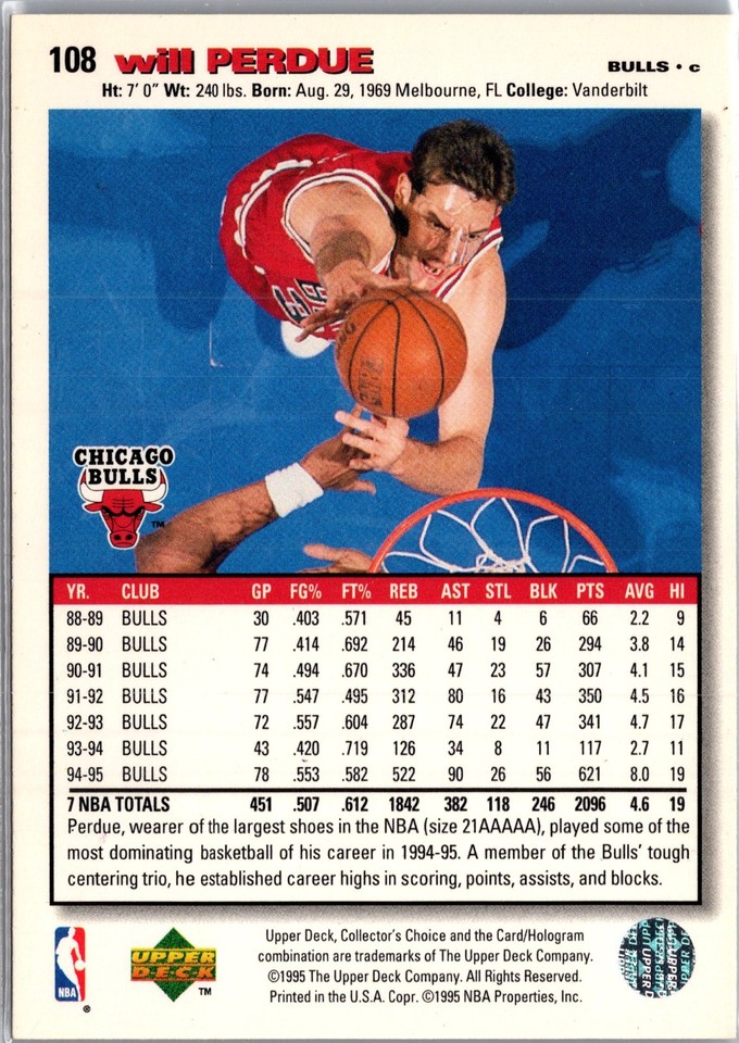 1995-96 COLLECTOR'S CHOICE #108 WILL PERDUE CHICAGO BULLS NM | eBay