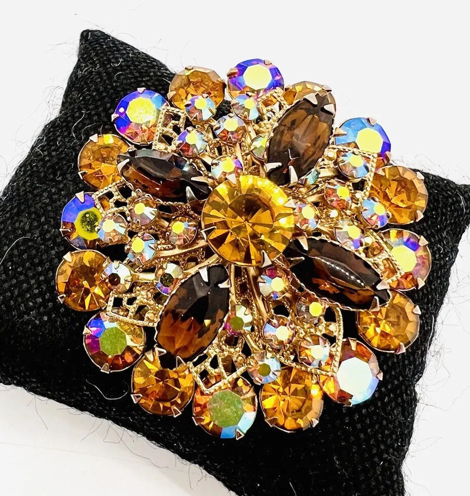 Large Golden Amber Layered Rhinestone Brooch Ornate F… - Gem