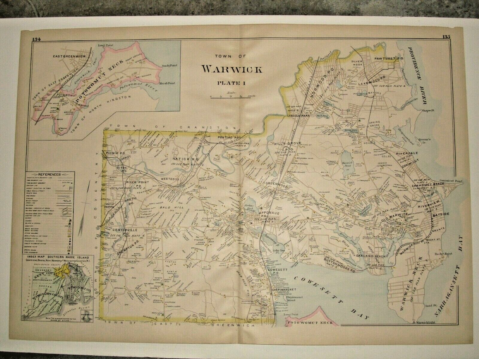 1895 WARWICK, RI., MAP REMOVED FROM THE EVERTS & RICHARDS ATLAS OF 1895 ...