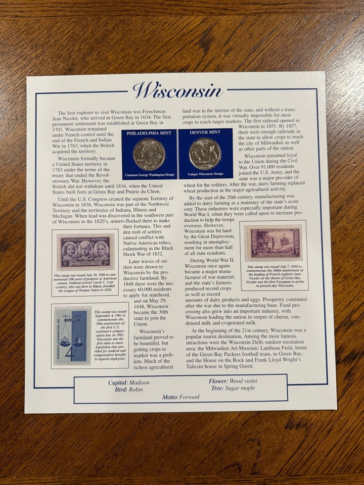 2004 Wisconsin Statehood Commemorative Quarters Panel P&D, PCS, Stamps ...