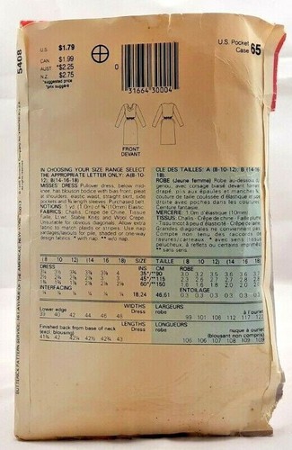 1985 Butterick Sewing Pattern 5408 Womens Pullover Dress Size 14-18 ...