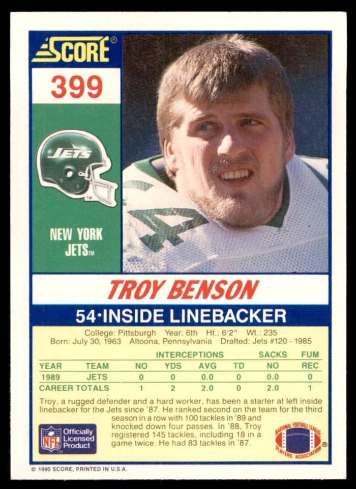 1990 Score Troy Benson New York Jets #399 | eBay