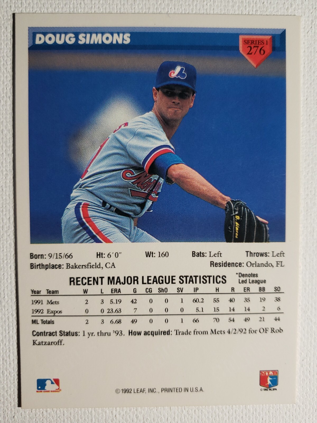 1993 Donruss Doug Simons Auto Autograph Card Mets, Expos Signed #276 | eBay