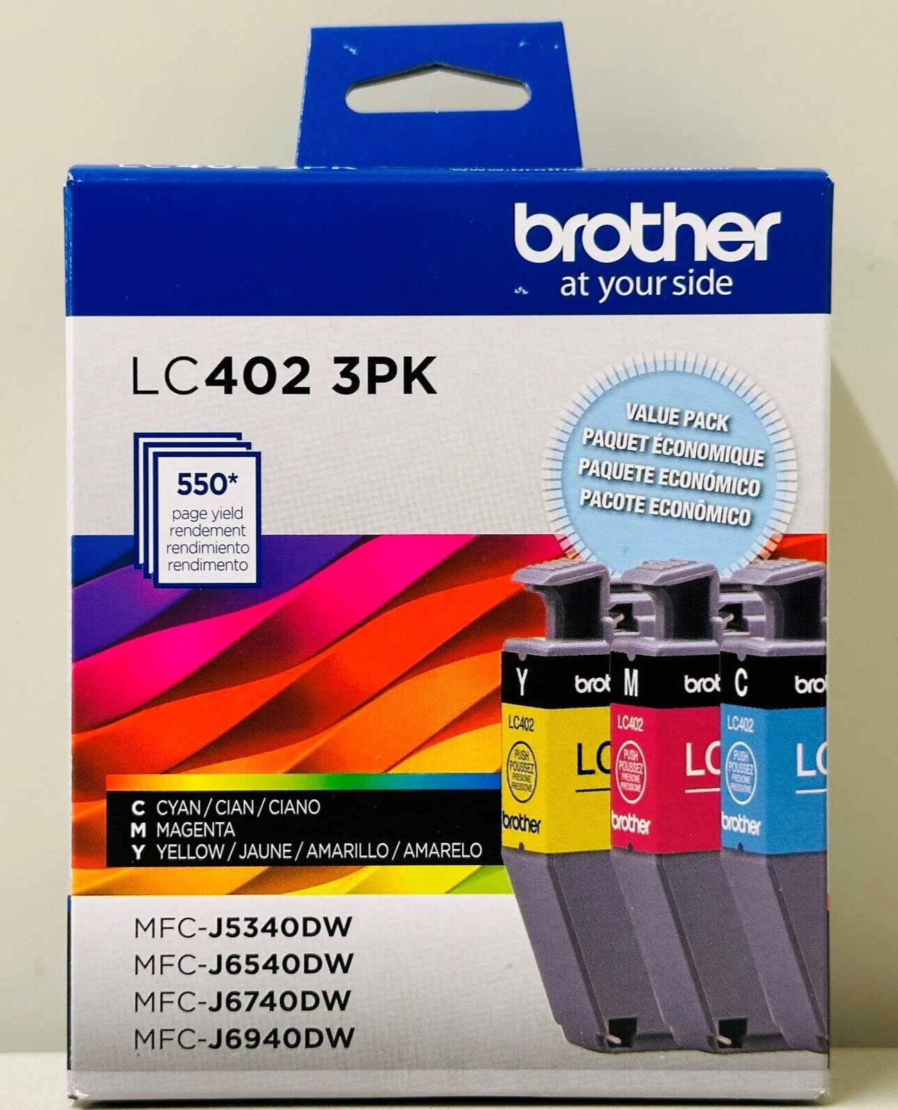 New Genuine Brother LC402 Cyan Magenta Yellow 3PK Ink Cartridges Box