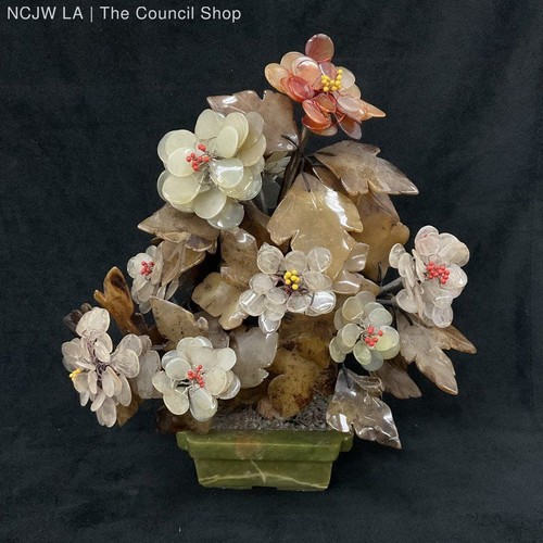 Chinese Jade Quartz Agate Floral Leaf Carved Stone Bonsai Tree ...