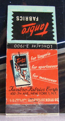 Rare Vintage Matchbook Cover B2 New York City Tanbro Fabrics Lingerie ...