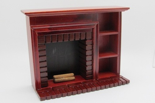 Dollhouse Miniature Wood Fireplace Logs & Side Bookcase Cubby Mahogany ...