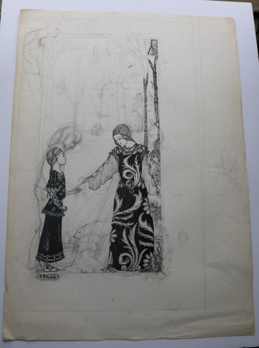 Original ink drawing Pre Raphaelite figures in a castle garden signed H ...