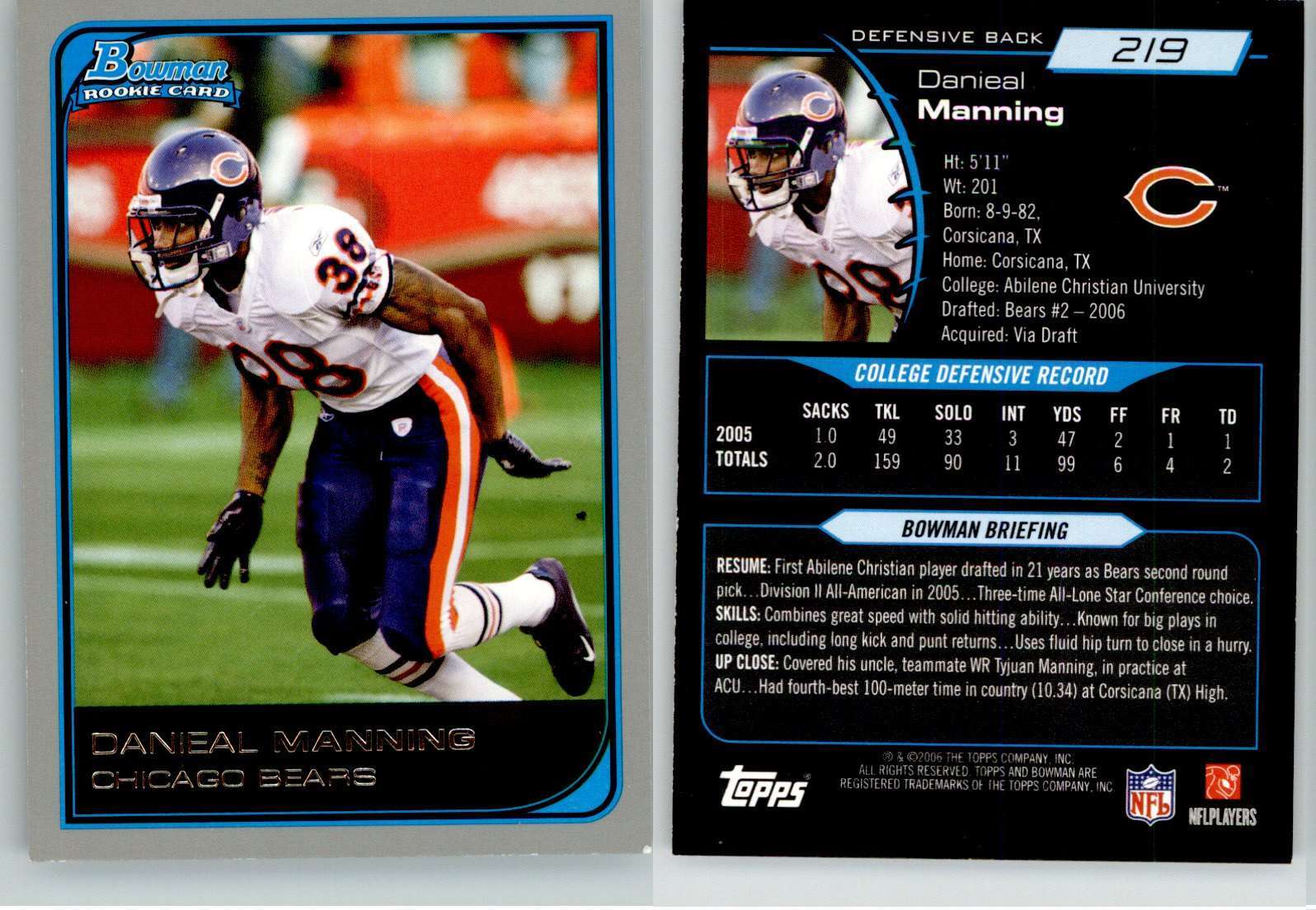 Daniel Manning 2006 Bowman #219 Bears RC Rookie EX-NM | eBay
