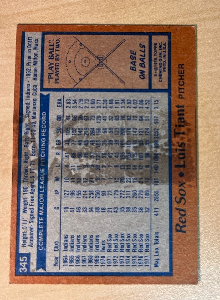 Luis Tiant 1978 Topps Baseball Card #345, Wax Stain On Back | eBay