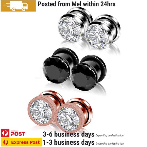 3 Pairs Ear Piercing Tunnels Plugs Zircon Diamond Steel Gauge Stretcher ...