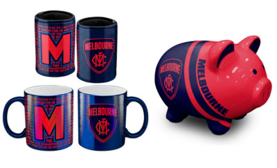 AFL MELBOURNE DEMONS METALLIC CAN COOLER & COFFEE MUG & PIGGY BANK ...
