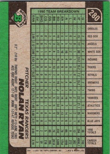 1991 Bowman #280 Nolan Ryan baseball card 10NNN | eBay