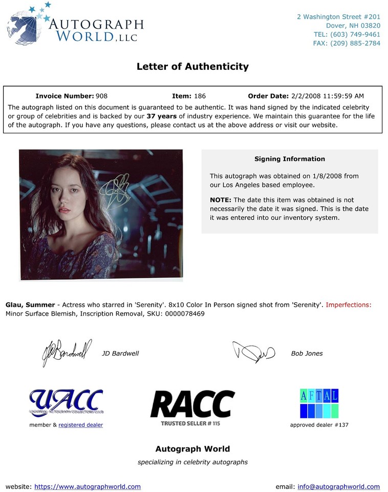 Summer Glau Autograph Firefly Signed 10x8 Photograph COA AFTAL UACC ...