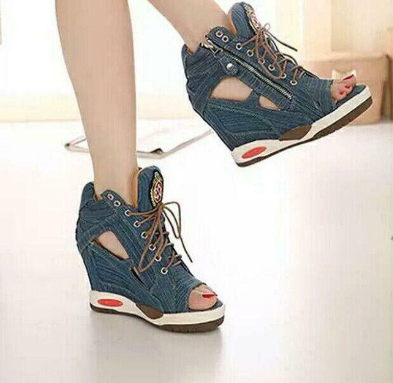 Women Open Toe High Top Wedge Denim Sneakers Lace Up Hidden Heels ...