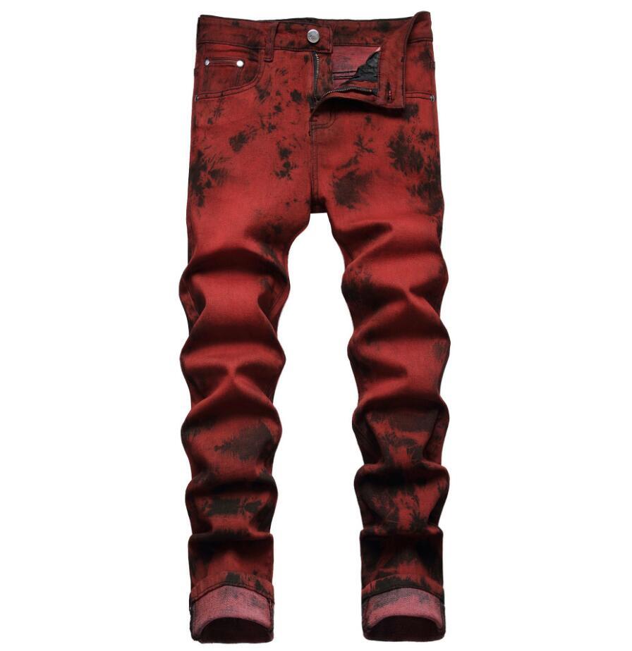 Mens Wine Red Denim Jeans Straight Leg Casual Punk Cotton Hip Hop Pants ...