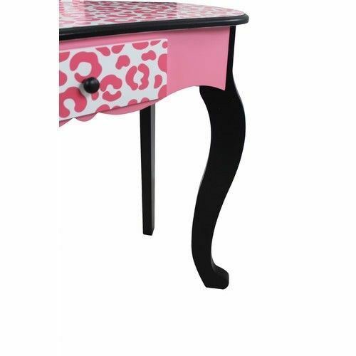 Girls 3pc Vanity Set Pink Black Leopard Table Mirror Stool Makeup ...